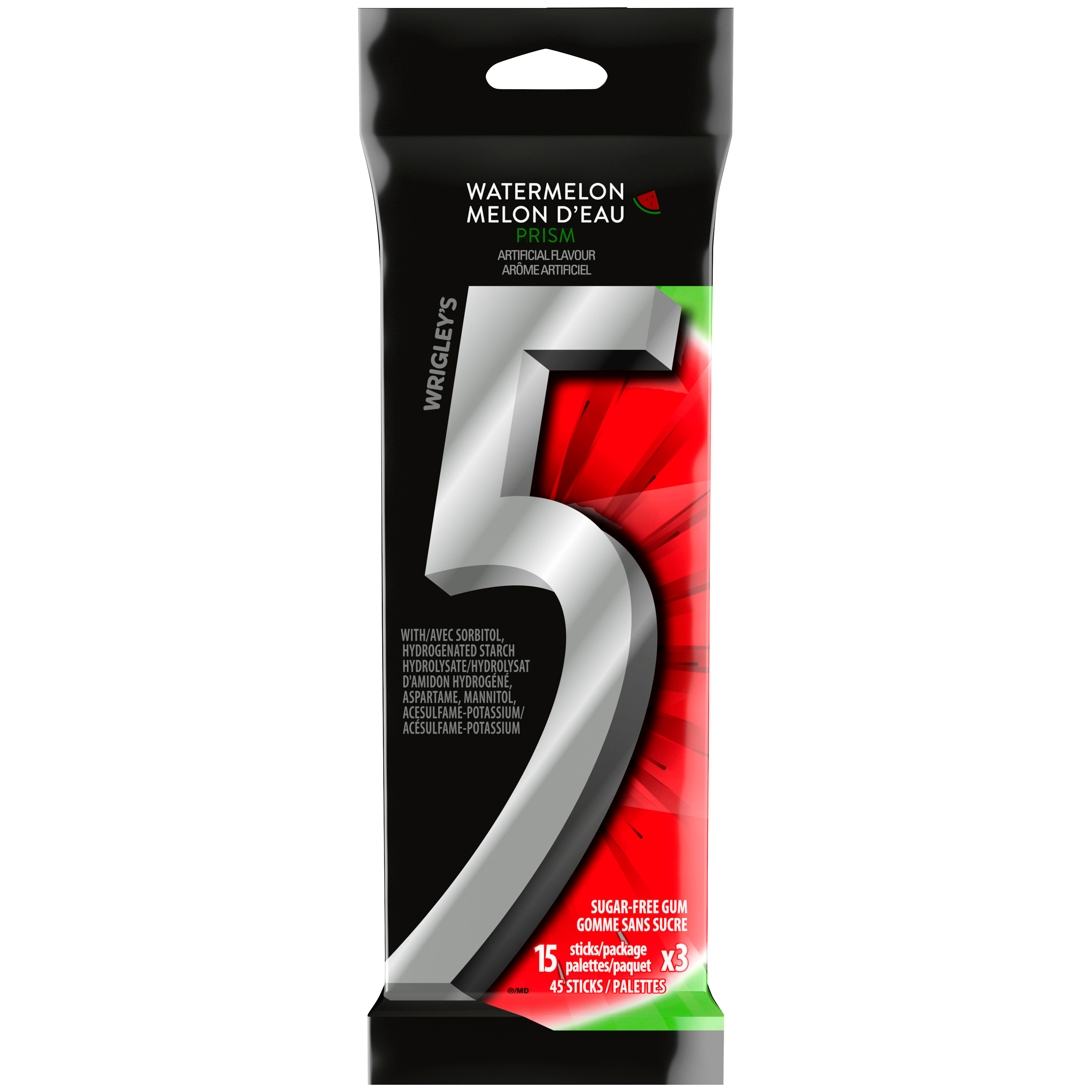 5 Gum Watermelon Prism Sugarfree Chewing Gum, 15-Stick Pack | 5 Gum