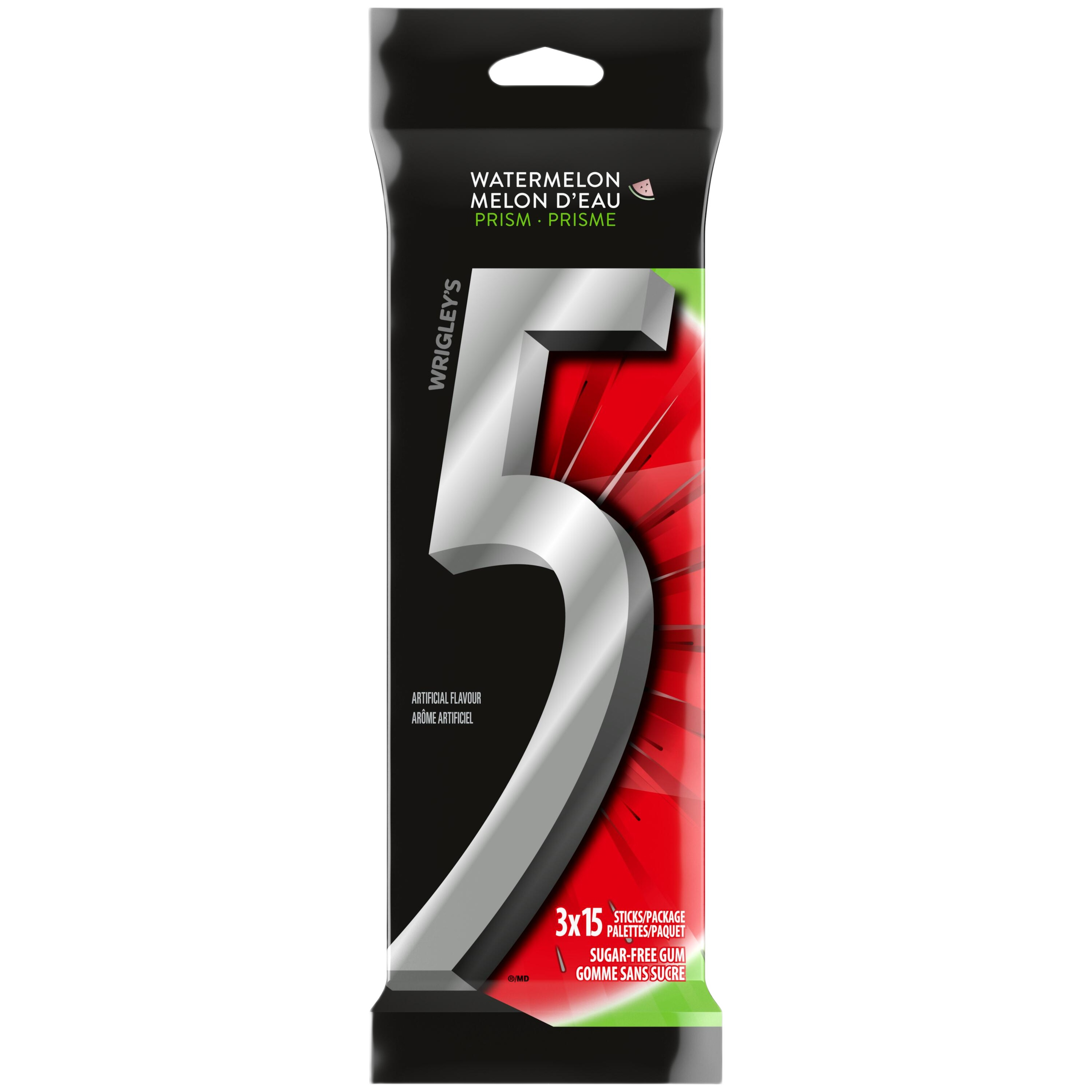 5 Gum Watermelon Prism Sugarfree Chewing Gum, 15-Stick Pack (Pack of 3 ...